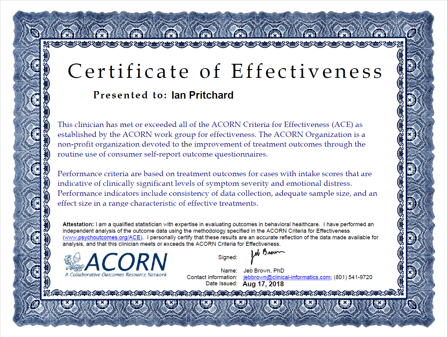 ACE Certificate of Effectiveness – Ian Pritchard, Psychologist, Eugene, OR